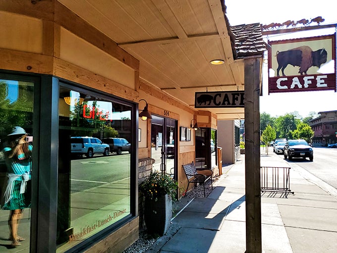 The iconic buffalo sign welcomes hungry travelers like a beacon of breakfast hope on Whitefish's Central Avenue.