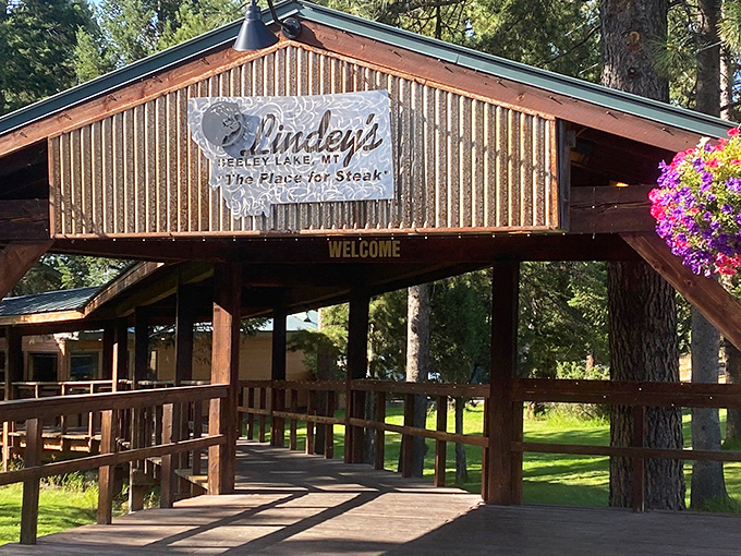 Nestled among towering pines, Lindey's rustic entrance promises steak perfection and those legendary mushrooms worth every mile driven.