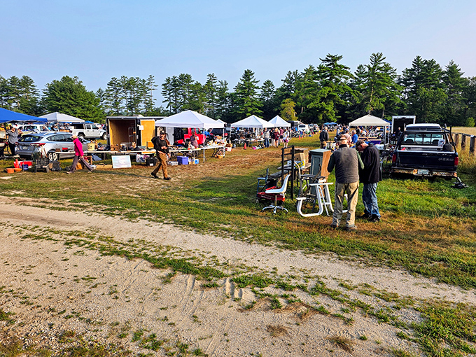 Rows of white tents create a treasure-hunting village at Davisville, where early birds browse for bargains under clear blue skies.