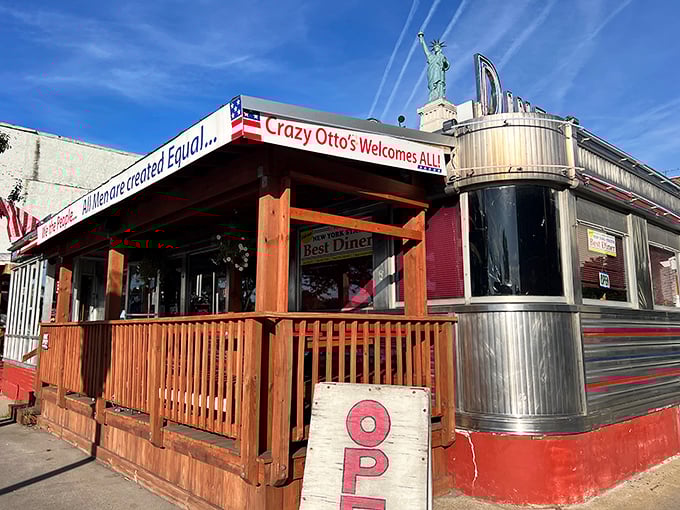 The gleaming silver exterior of Crazy Otto's, complete with mini Statue of Liberty, promises the American dream served with extra syrup.