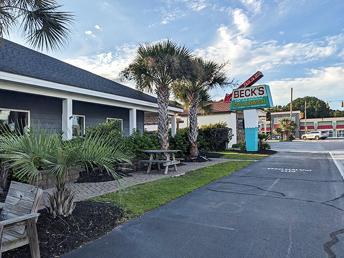 Beck's blue-sided exterior stands like a coastal sentinel, palm trees swaying as if to say "seafood paradise ahead!"