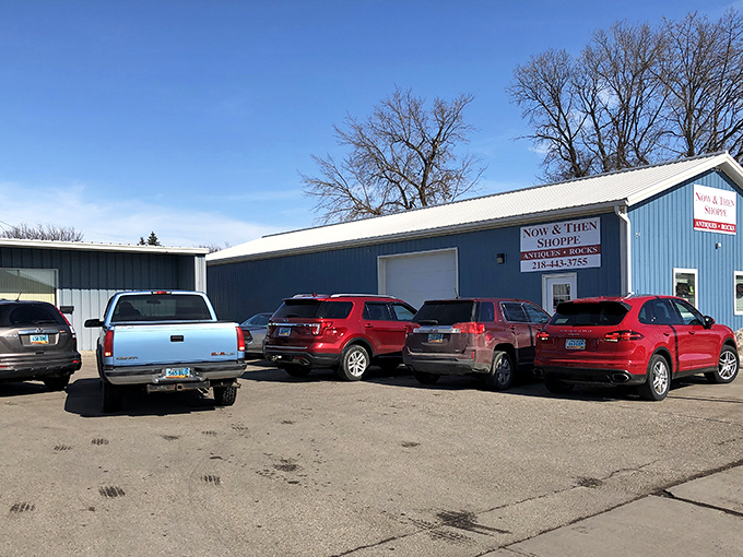 The unassuming blue exterior of Now and Then Shoppe proves once again that the best treasures are often hidden in plain sight.