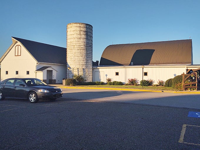 The iconic silhouette of The Barn Restaurant stands proudly against the Ohio sky, complete with its authentic silo &ndash; architecture that promises the meal inside will be equally genuine.