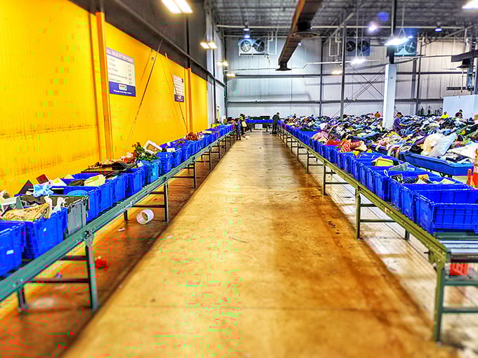 That's the bargain hunter's runway! Aisle after aisle of unsorted goods, proving one person's donation is another's dream come true.
