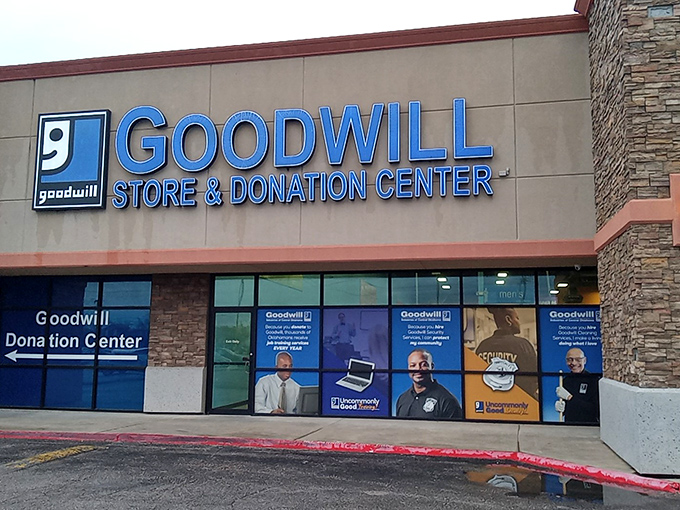 The blue Goodwill sign beckons like a lighthouse to bargain hunters. Behind those doors lie treasures waiting to be discovered by savvy Oklahoma shoppers.