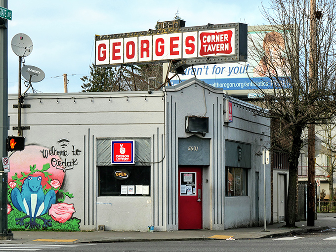 The iconic red sign beckons like a lighthouse for the hungry. George's Corner Tavern stands proudly on North Interstate, a Portland institution that doesn't need fancy frills.