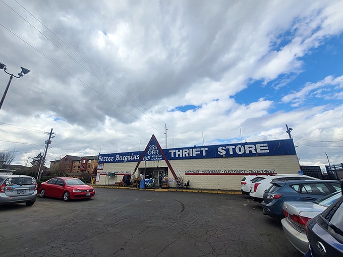 Even under Portland's dramatic skies, Better Bargains' distinctive blue roof beckons treasure hunters to the thrifting paradise within.