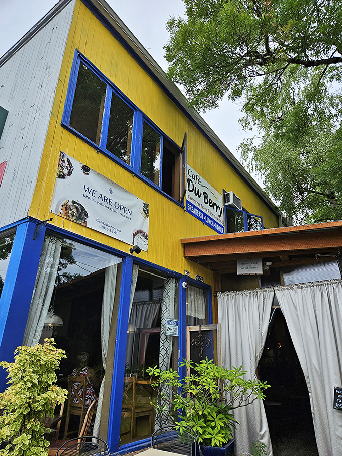 With its cheerful yellow walls and bright blue trim, Caf&eacute; Du Berry stands out like a sunny invitation to start your Portland morning right.