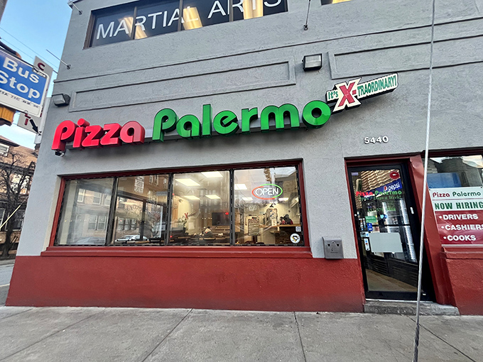 The iconic red and green signage of Pizza Palermo stands out in Pittsburgh's Shadyside neighborhood like a beacon for hungry travelers seeking wing nirvana.