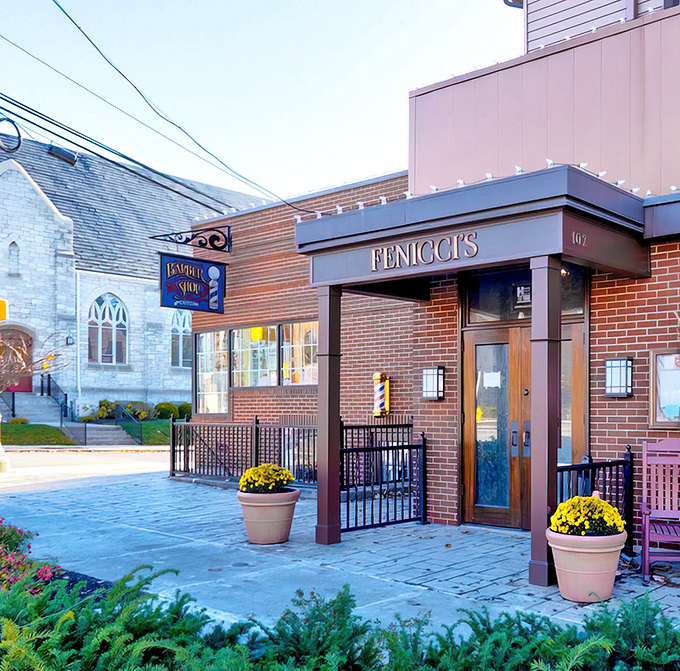 The welcoming brick fa&ccedil;ade of Fenicci's stands proudly on Chocolate Avenue, where even the streetlights are shaped like Hershey's Kisses.
