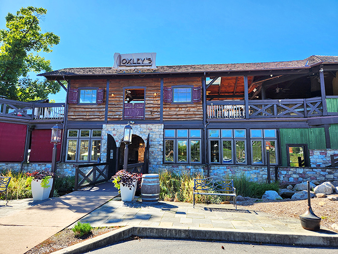 Sherwood Forest meets Lancaster County in this rustic-chic facade. The log cabin upper level and stone foundation create a storybook setting that practically whispers "adventure inside."