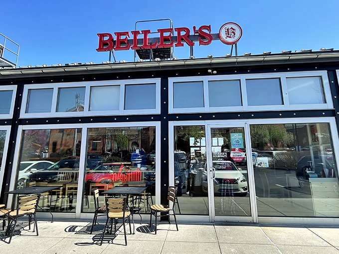 The red Beiler's sign against a blue sky is like a beacon calling all donut lovers home. Simple exterior, extraordinary treats inside.