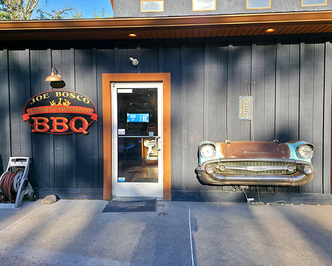 That vintage car front mounted on the blue exterior isn't just decoration&mdash;it's foreshadowing. Your taste buds are about to go on a joyride.