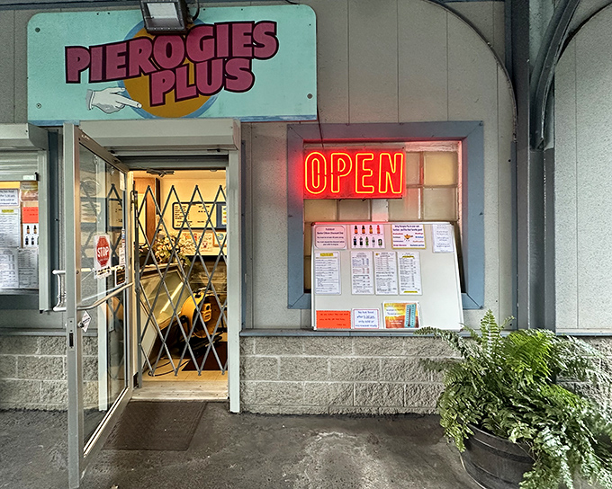 The diamond-patterned door guards deliciousness like a culinary speakeasy. The password? "I'll have the hot sausage pierogies."