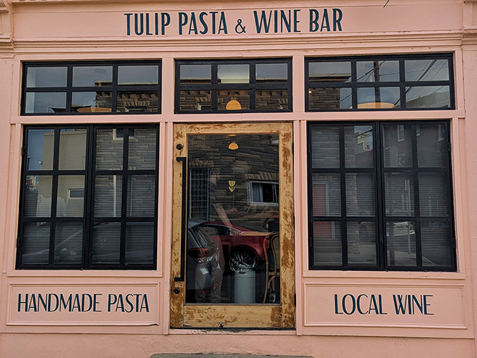 Tulip's storefront stands out like a beacon for pasta lovers, a hidden gem in Philadelphia that's bright and welcoming all day long.