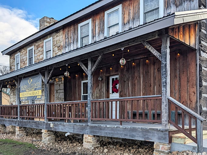 The weathered stone and wood exterior of Horn O' Plenty isn't trying to impress anyone&mdash;which is precisely why it's so impressive. Pennsylvania farmhouse charm at its finest.