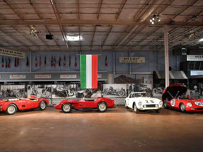 Italian racing heritage on full display with these magnificent Ferraris under the tricolor flag. Automotive history doesn't get more glamorous than this.