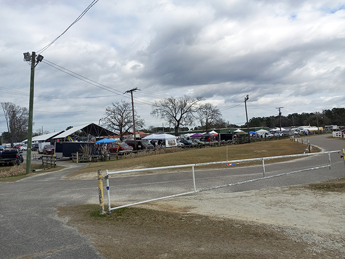 Colorful vendor tents dot the landscape at Coastal Carolina Flea Market, where treasure hunters gather under moody South Carolina skies.
