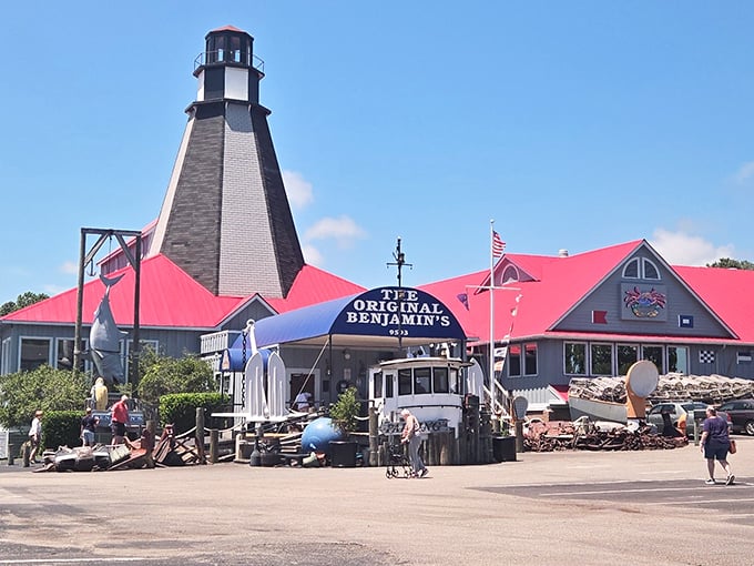 The lighthouse-topped red roof of Benjamin's stands like a beacon for hungry seafood lovers, guiding them to Calabash paradise on the Myrtle Beach shore.