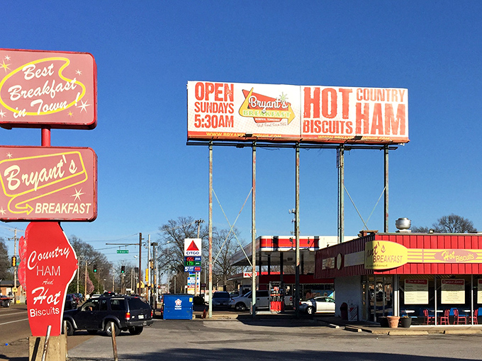Bryant's iconic signage stands tall against the Memphis sky, promising breakfast salvation to all who approach. Country ham and hot biscuits await your morning pilgrimage.