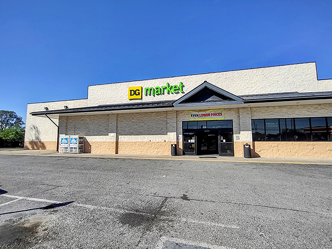 The iconic yellow and green signage of Dollar General Market in Shelbyville beckons like a beacon of budget-friendly abundance against the clear Tennessee sky.
