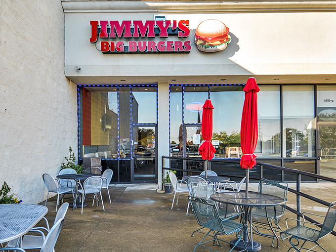 The red umbrellas outside Jimmy's are like beacons calling hungry travelers home to burger paradise.