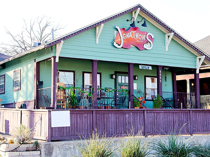 That turquoise and purple combo isn't just eye-catching &ndash; it's a beacon calling hungry souls home to comfort food paradise.