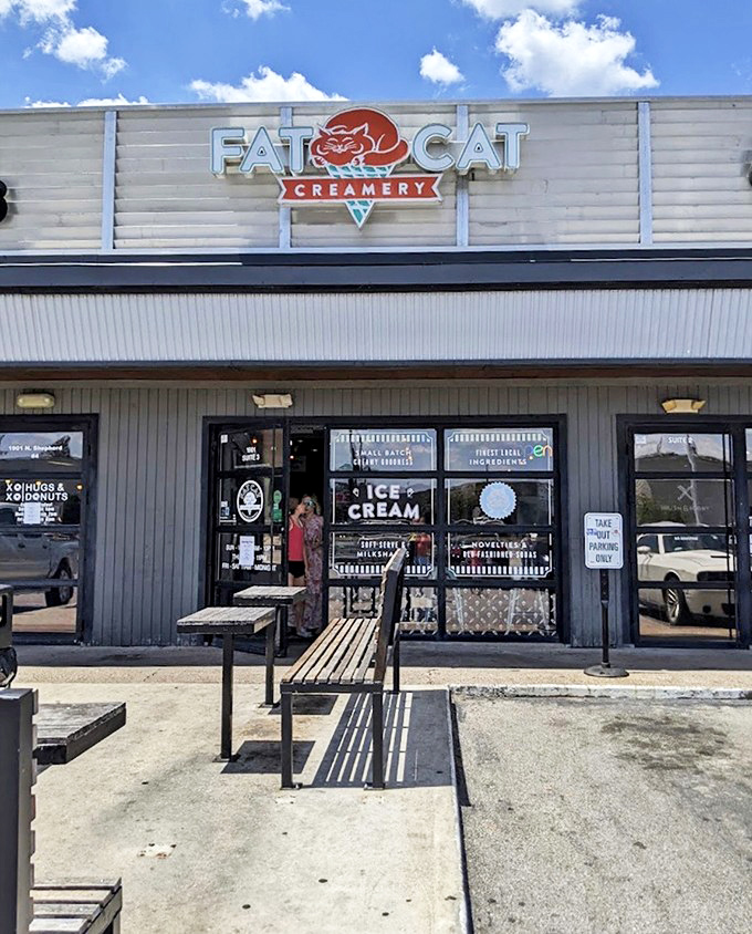 The unassuming storefront of Fat Cat Creamery stands like a beacon of hope against Houston's relentless summer heat. Sweet salvation awaits inside.