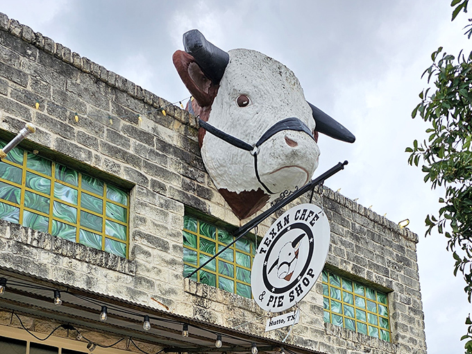 That cow isn't just decoration&mdash;it's a beacon of hope for hungry travelers. The stone exterior of Texan Cafe & Pie Shop promises authentic comfort within.