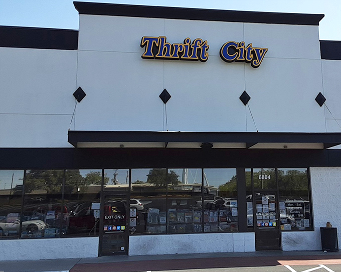The blue and white facade of Thrift City beckons like a siren call to bargain hunters across San Antonio.