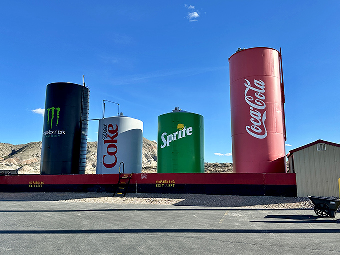 Four giants standing sentinel in the Utah desert &ndash; Monster, Diet Coke, Sprite, and Coca-Cola tanks transformed into the world's thirstiest roadside attraction.
