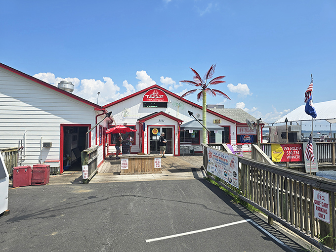 The iconic red-trimmed exterior of Tim's II at Fairview beckons like a lighthouse for hungry travelers, complete with that whimsical palm tree promising a coastal escape in Virginia.