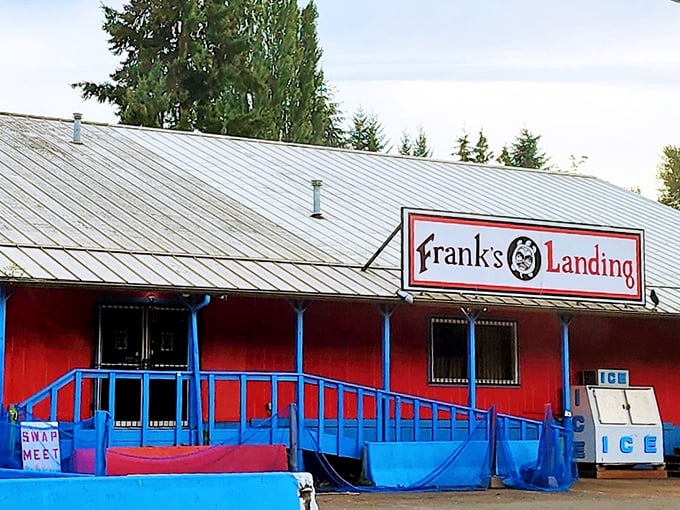 The iconic red building with its bright blue ramp welcomes treasure hunters to Frank's Landing, where bargains await the bold.