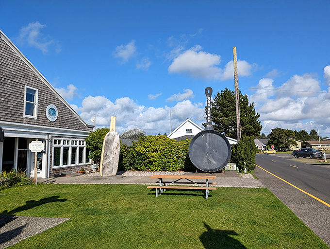 The World's Largest Frying Pan stands proudly in Long Beach, Washington, proving that sometimes the most memorable roadside attractions come in sizzling proportions.