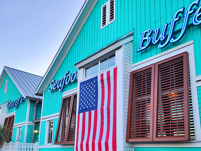 The turquoise beacon of seafood salvation stands proudly against the South Carolina sky, promising maritime delights that'll have you planning your next visit before you've even left.
