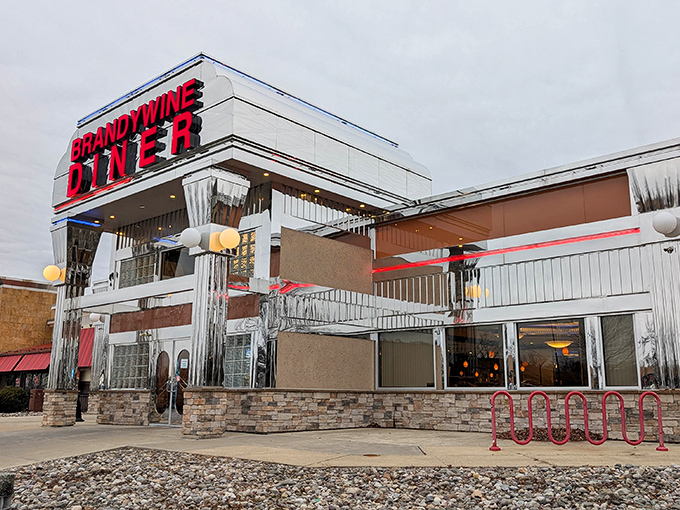 Even on a cloudy day, that classic neon sign cuts through the gloom like a beacon of hope saying, "Yes, there are pancakes in your immediate future."