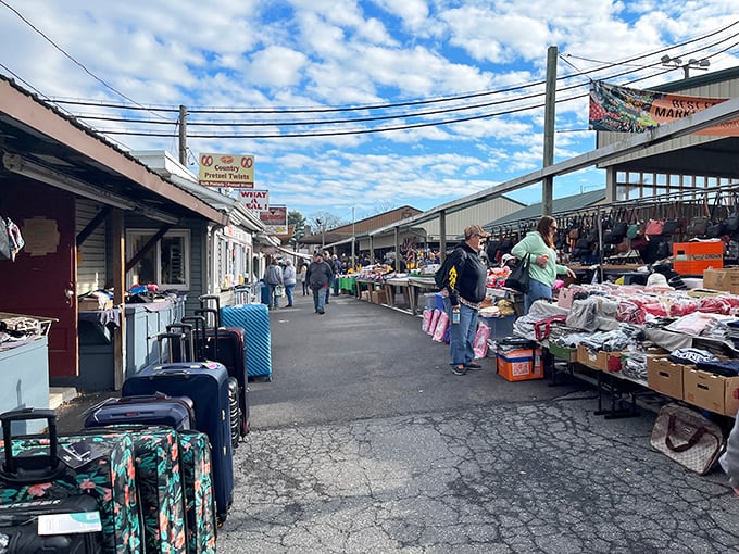 The outdoor vendor alley at Green Dragon Market &ndash; where treasure hunting becomes an Olympic sport and luggage apparently goes to find its second life.