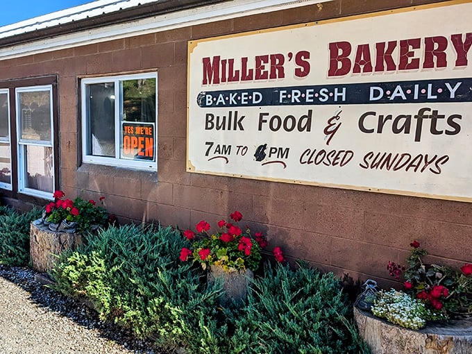 The unassuming exterior of Miller's Bakery promises no frills, just exceptional baking. Those red flowers aren't just decoration&mdash;they're nature's way of saying "good stuff inside!"