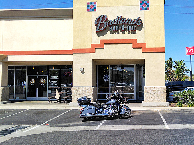 Norco's motorcycle culture meets barbecue heaven at Badlands' entrance, where chrome and smoke create the perfect California pairing &ndash; just add napkins and appetite.