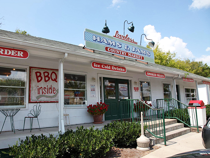The iconic Loveless Cafe storefront promises Southern comfort in every bite. That "BBQ inside" sign isn't kidding around!