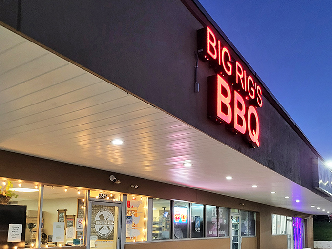 That glowing red neon sign is like a beacon calling all meat lovers home for the evening.