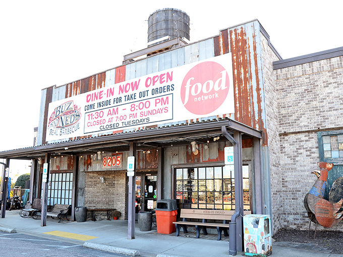 The weathered metal siding and iconic water tower aren't just decoration&mdash;they're a smoke signal to BBQ pilgrims that they've reached the promised land.