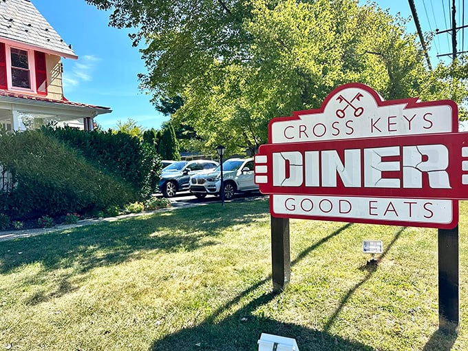 The red and white facade of Cross Keys Diner stands like a time capsule of Americana, promising "GOOD EATS" that generations of Pennsylvanians have trusted.