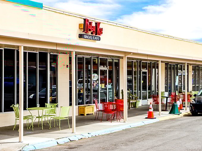 The bright red awning of Ruby K's beckons like a carb-loaded lighthouse, guiding hungry souls to bagel nirvana in Los Alamos. 