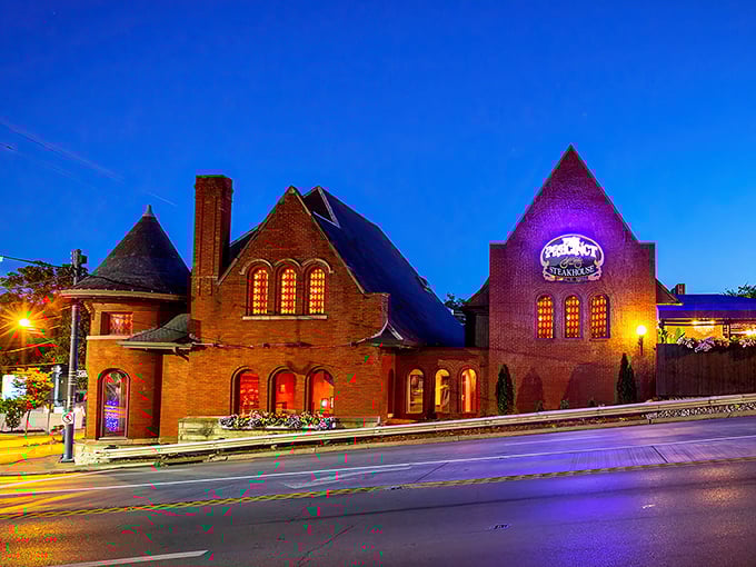 As twilight falls, The Precinct transforms into a glowing beacon of gastronomic promise. Those illuminated windows aren't just pretty—they're previews of the carnivorous paradise waiting inside.