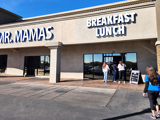 The unassuming strip mall exterior of Mr. Mamas hides what locals know is breakfast nirvana. Like finding an oasis in the Nevada desert.