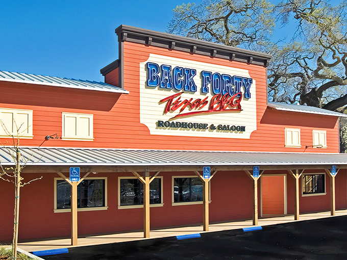 The bright red exterior of Back Forty isn't just a building&mdash;it's a beacon of hope for BBQ lovers lost in a sea of kale smoothies.