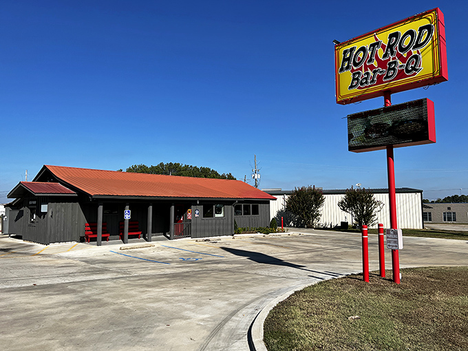 The unassuming exterior of Hot Rod Bar-B-Q stands like a beacon of hope for hungry travelers. Good barbecue rarely needs fancy architecture to announce itself.