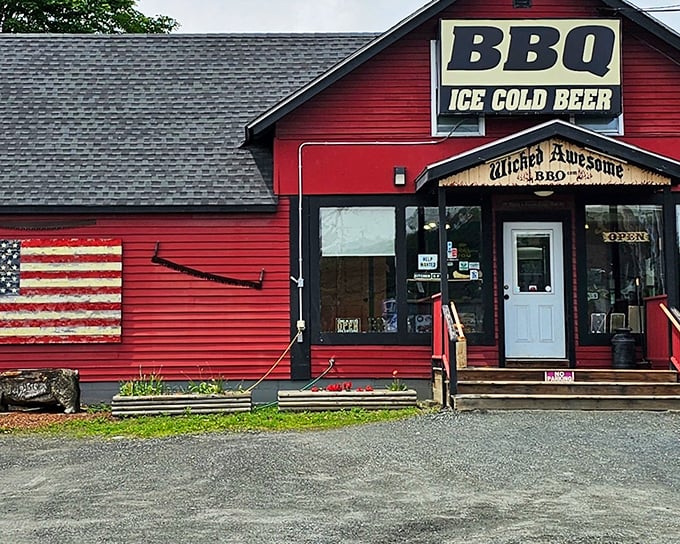 Stars and stripes meet smoke and spice at this patriotic BBQ joint where "ICE COLD BEER" is practically a constitutional right.