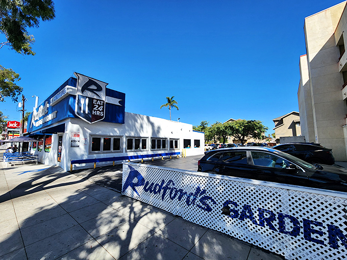 The blue and white exterior of Rudford's stands out like a beacon of hope for the hungry on El Cajon Boulevard. Classic Americana lives here.